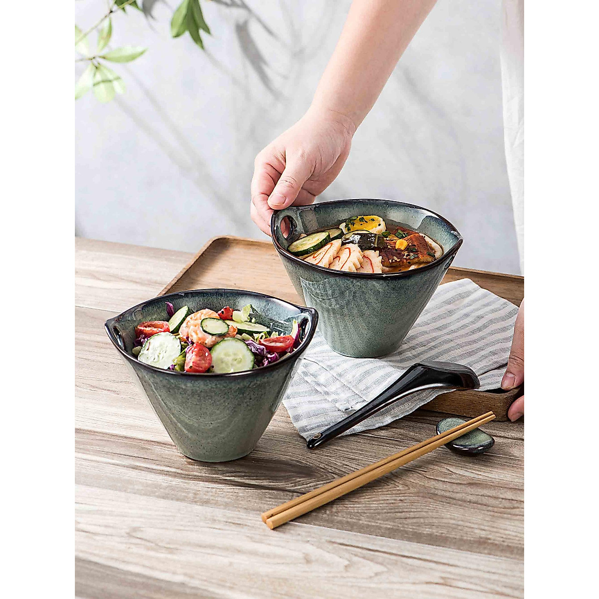 Henten Home 20 OZ Ramen Bowls Set, Ceramic Japanese Noodle Bowls Set of 2, Porcelain Deep Salad Bowl with Chopsticks for Udon, Reactive Glaze, Microwave Safe (Teal)