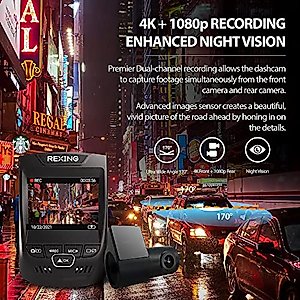 Rexing V1PGW-4K 2.4" LCD 2160p Front + 1080p Rear W/Built-in GPS, Wi-Fi 170° Wide Angle Dual Channel Dashboard Camera Recorder Car Dash Cam with Rear Cam,G-Sensor,WDR,Loop Recording,Mobile App (2022)