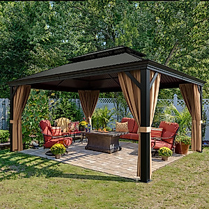 Flamaker Hardtop Gazebo Aluminum Frame Outdoor Gazebo with Privacy Curtains and Gauze Mesh Sunshade Pavilion Double Roof Canopy for Patio, Deck, Poolside (Aluminum Roof, 12' x 16')