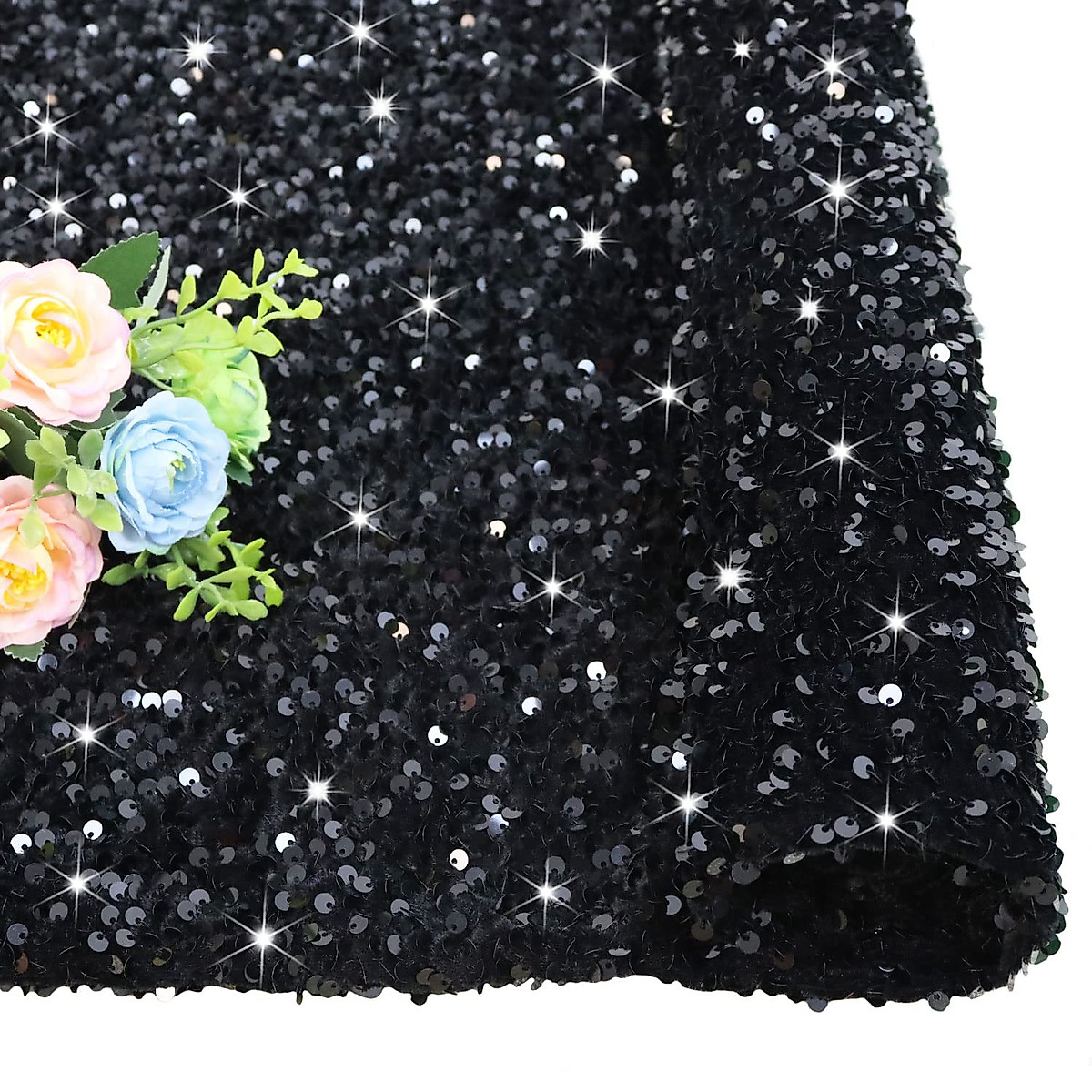 FOTSHARER Black Sequin Fabric by The Yard 1 Yard Velvet Fabric for Sewing Flip Sequins Material Sparkle Sequence Fabric Stretch Glitter Material for Wedding Dress Banquet Thick Quilting Mesh Fabric