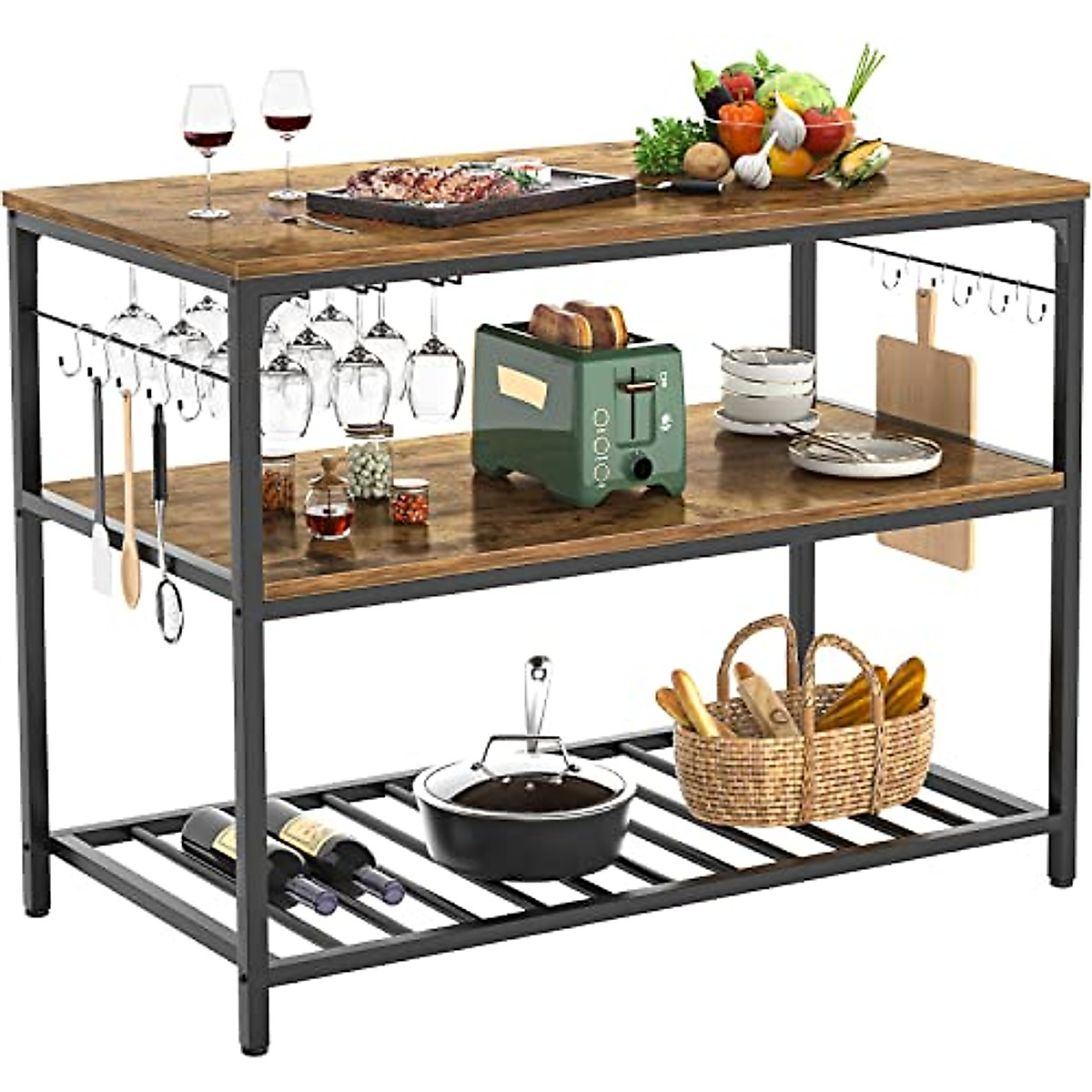 Homieasy Kitchen Island with Wine Glass Holder, Industrial Wood and Metal Coffee Bar Rack, 3 Tier Spacious Prep Table Extended Counter with Hooks Easy to Assemble, Rustic Brown