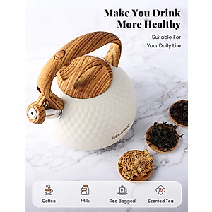 Tea Kettle, 2.7 Quart / 3 Liter BELANKO Stainless Steel Kettles for Stove Top, Food Grade Teapot with Wood Pattern Handle Loud Whistling for Coffee, Milk etc, Gas Electric Applicable - Milk White