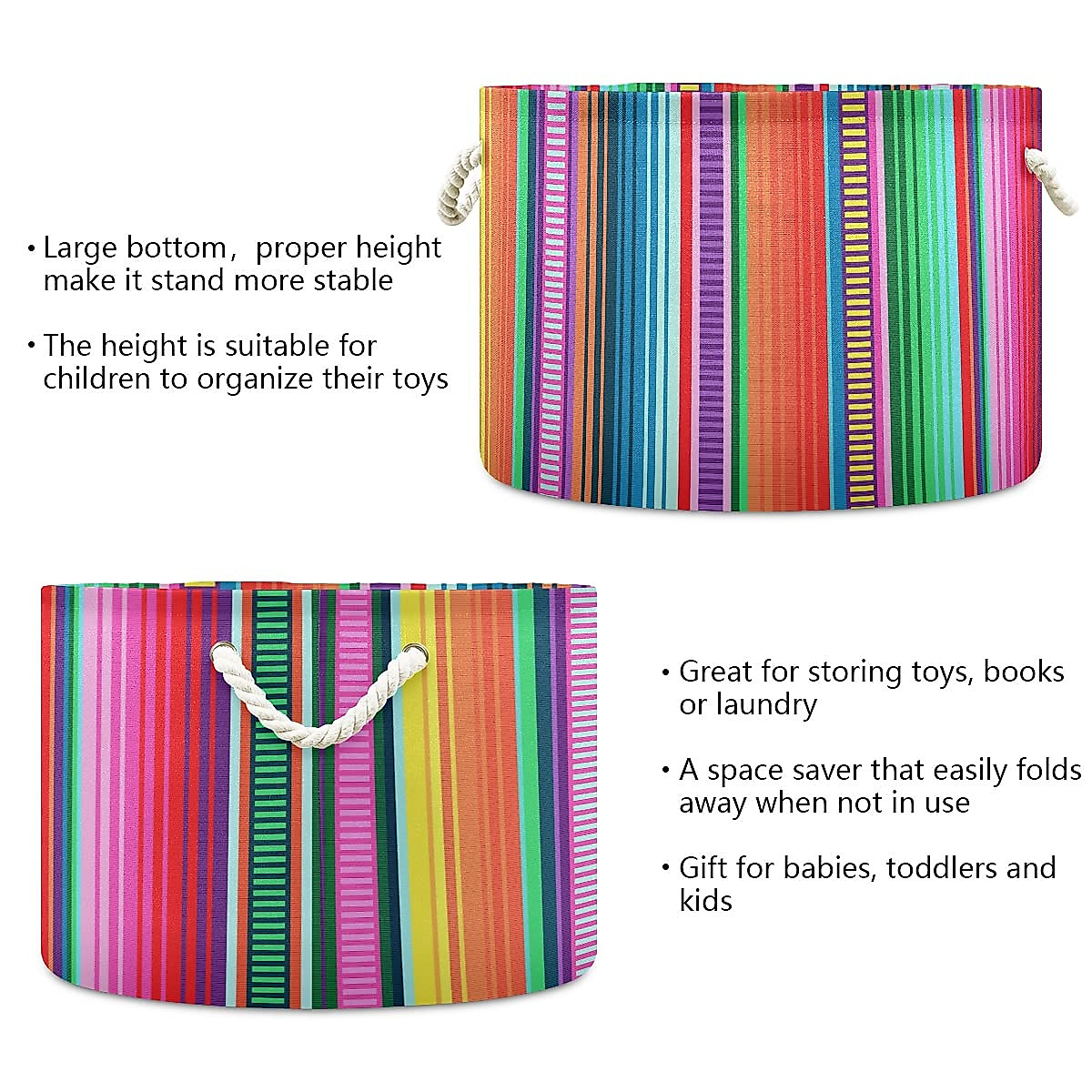 xigua Large Storage Basket Cotton Rope Basket Mexican Serape Blanket Stripes Baby Laundry Basket for Blankets Toys Storage Basket Laundry Hamper