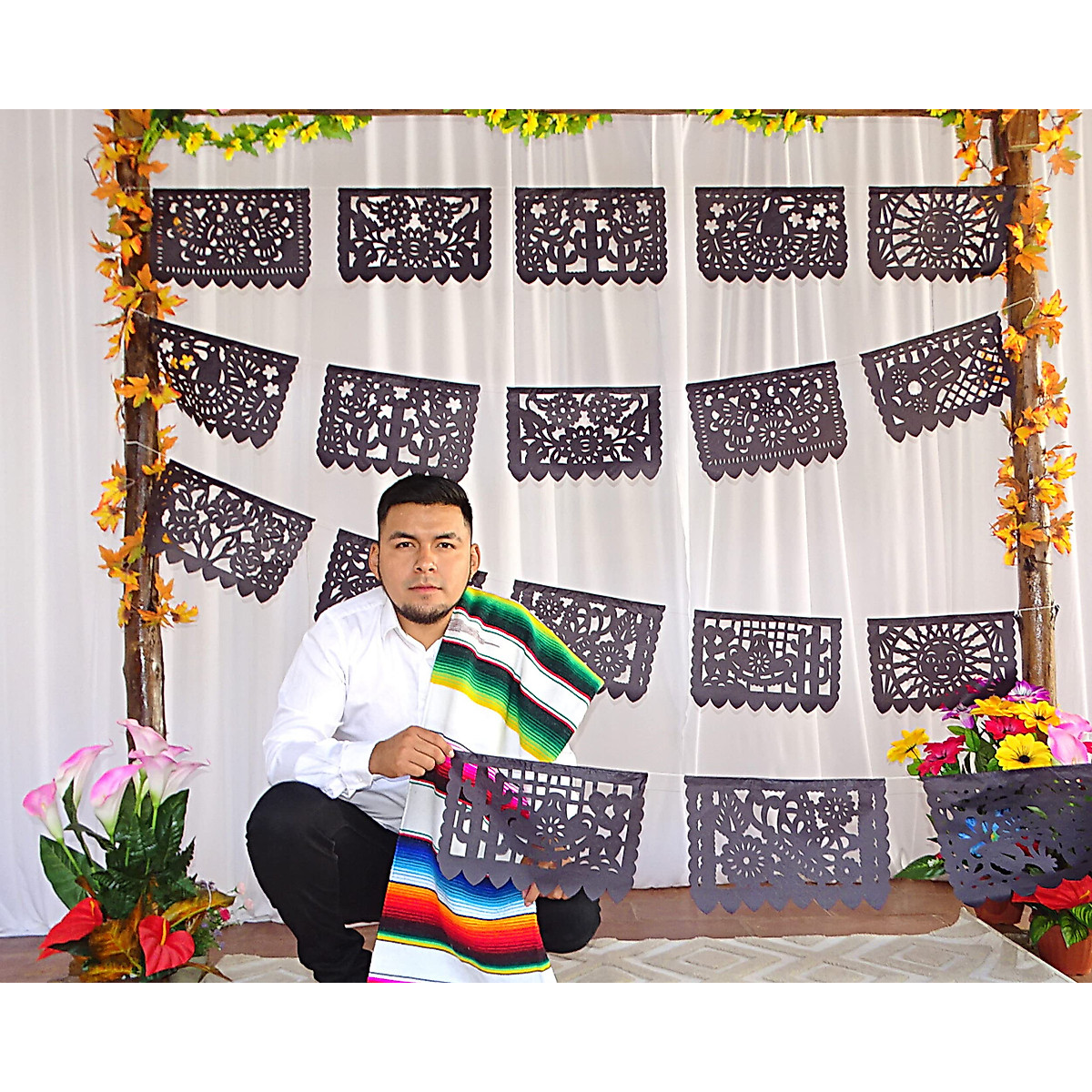 5 Pack Cinco de Mayo Party Decorations, Papel Picado Banner 60 ft Long, Fiesta Black tissue PAPER garland, Mexican Decorations, Weddings, Quinceaneras, Birthdays, Fiesta party supplies, WS250