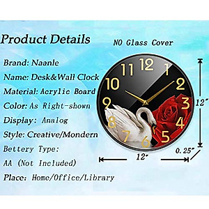Naanle Beautiful White Swan Red Rose Round Wall Clock, 12 Inch Silent Battery Operated Quartz Analog Quiet Desk Clock for Home,Office,School