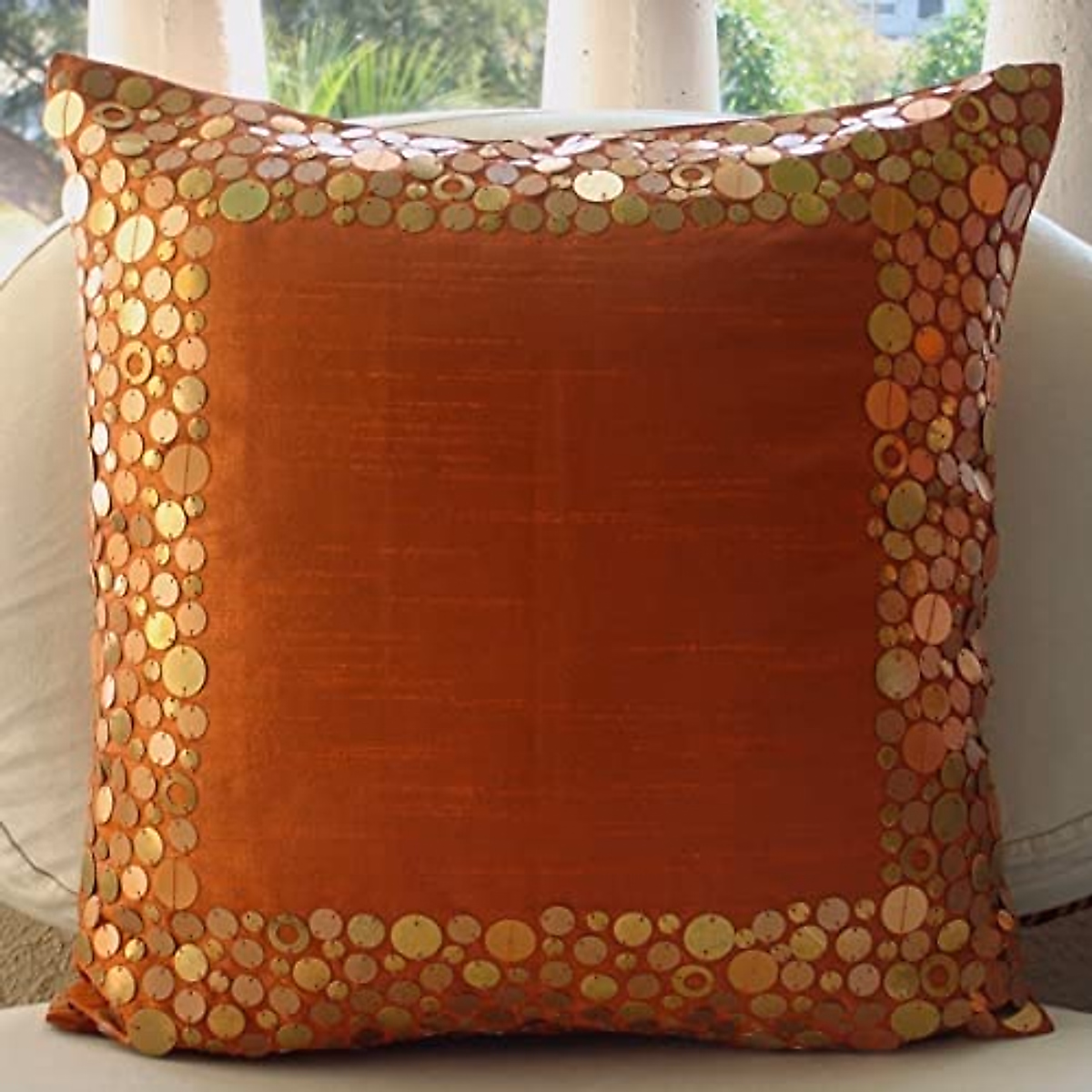The HomeCentric Pillow Case Zip, Rust Pillows Cover, Metal Sequins Bordered Throw Pillows Cover, Throw Pillow Covers 14x14 inch (35x35 cm), Square Silk Pillows Cover, Bordered Modern - Rust Glamor
