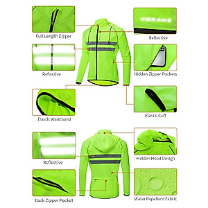 WOSAWE Packable Cycling Jacket Hooded Running Coat Lightweight Biking Windbreaker, Green with Hood Large