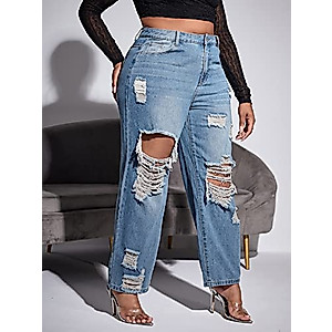 WDIRARA Women's Plus Size Ripped High Waist Cut Out Straight Leg Jeans Denim Pants Light Wash 2XL