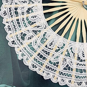 Propupy Folding Hand Fan Womens Lace Fan Elegant Cotton Fan Handmade Vintage Retro Fan with Bamboo Staves and Silk Tassels for Wedding Bridal Shower Dancing Party (White)