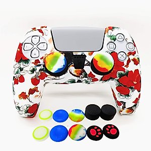 Skin for PS5 Controller Grips, Silicone Case Cover for PlayStation 5 Anti-Slip Protector with 10pcs Thumb Joysticks Caps (Flower)