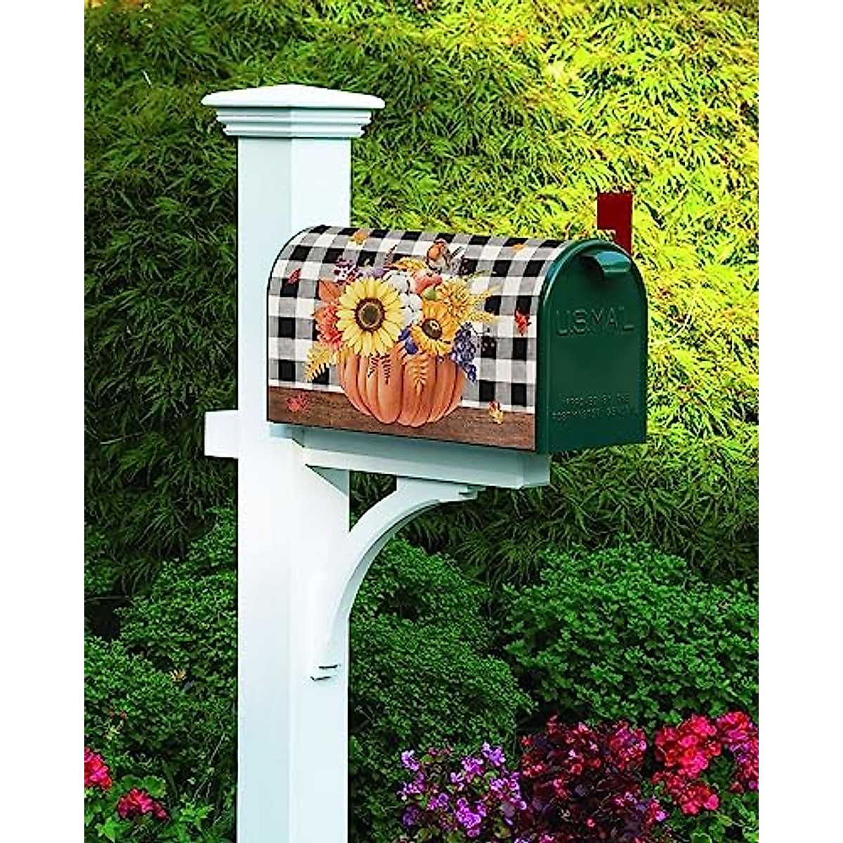 Pumpkin Buffalo Plaid Mailbox Cover Magnetic Thanksgiving Pumpkin with Sunflowers Black Plaid Post Box Cover Waterproof Mailbox Wraps for Farmhouse Outdoor Garden Home Decor Standard Size 21 X 18in