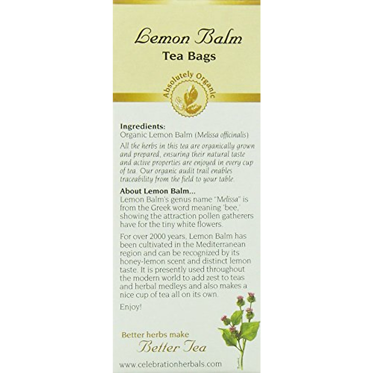 Celebration Herbals Organic Lemon Balm Tea Bags, 24 Count