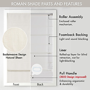 Madison Park Galen Cordless Roman Shades - Fabric Privacy Single Panel Darkening, Energy Efficient, Thermal Insulated Window Blind Treatment, for Bedroom, Living Room Decor, 35" x 64", Ivory