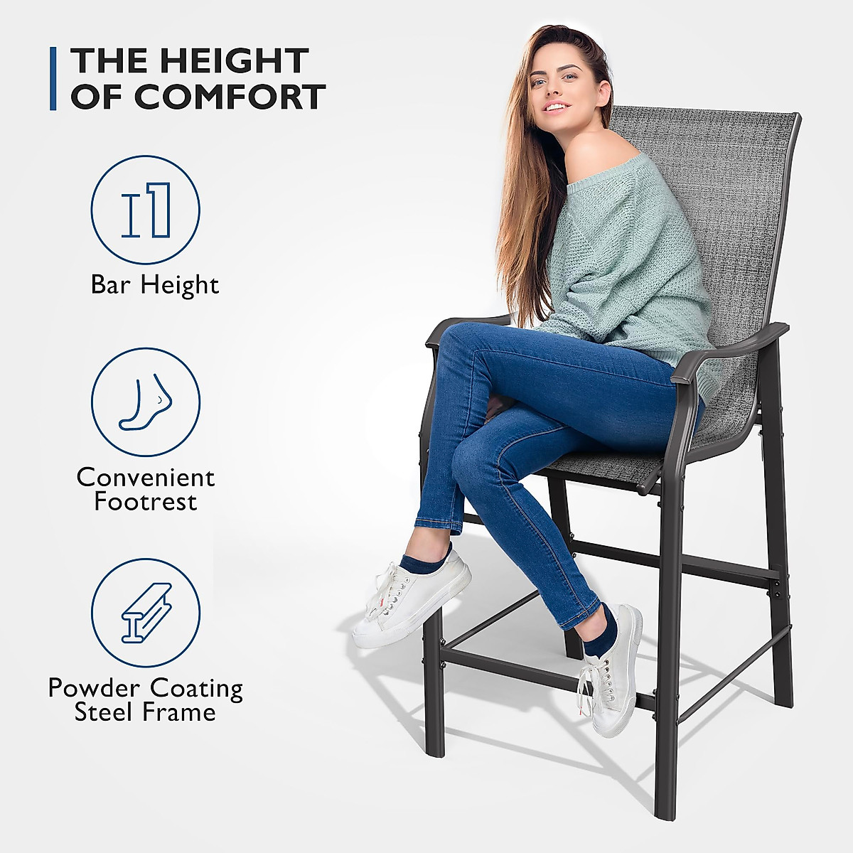 VONZOY Outdoor Bar Stools Set of 2, Comfortable Bar Height Outdoor Chairs, Patio Bar Stools w/All-Weather Mesh, 300lb Capacity (Grey)