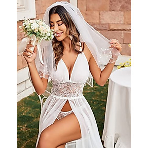 Avidlove Women Lace Babydoll Mesh Sleepwear Elegant Long Gown Sexy Halter Nightwear Split Maxi Lingerie Dress White L