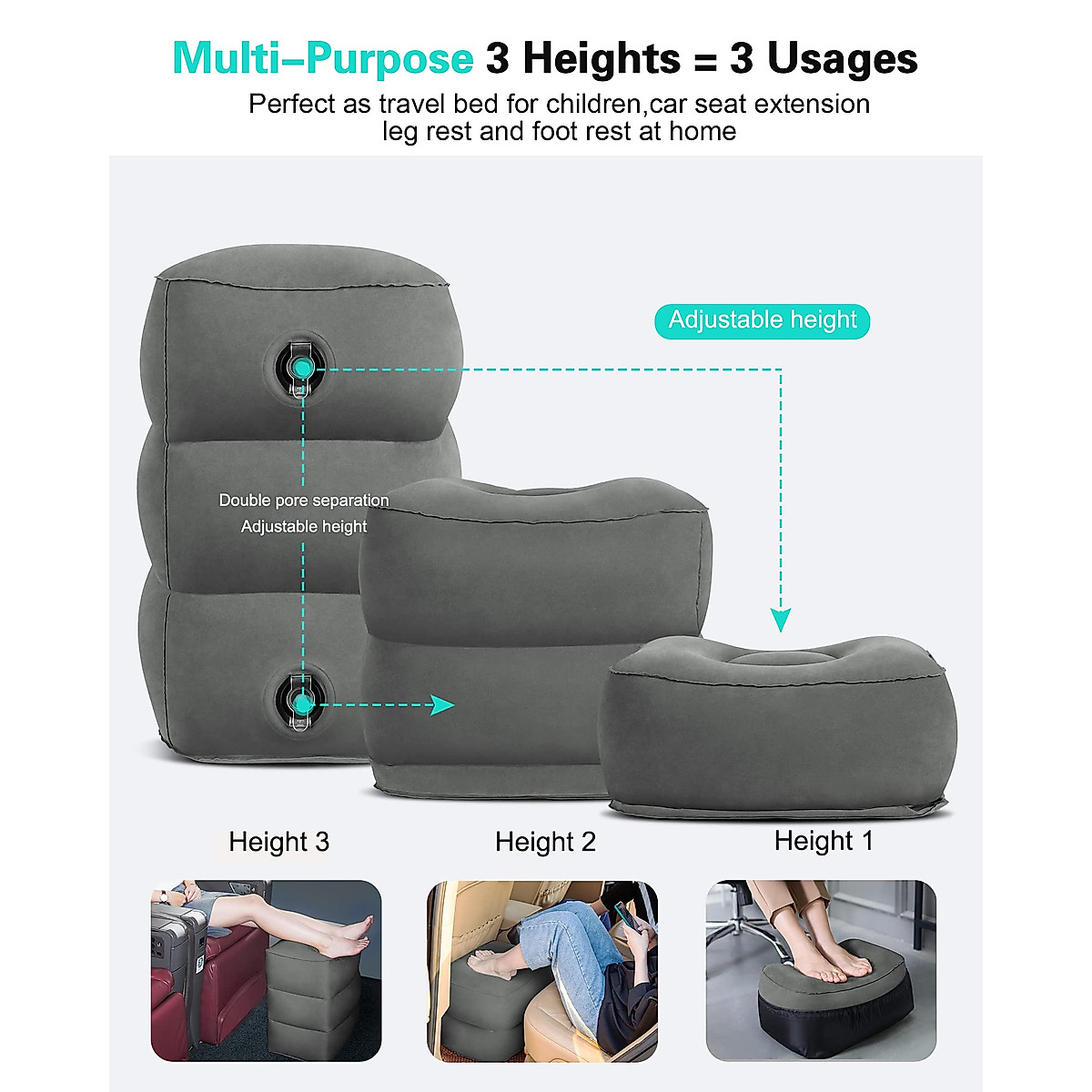 Inflatable Foot Rest for Air Travel, Airplane Footrest Adjustable Height Travel Foot Pillow Kids Bed,Portable Foot Rest Pillow for Kids & Adults on Plane,Car,Train,Office 2Pack (Dark Grey)