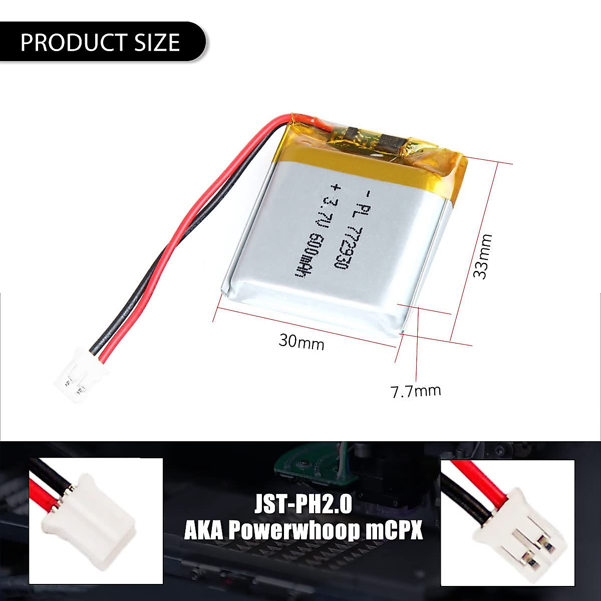 AKZYTUE 3.7V 600mAh 772930 Lipo battery Rechargeable Lithium Polymer ion Battery Pack with PH2.0mm JST Connector