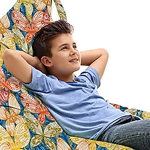 Ambesonne Fall Leaves Lounger Chair Bag, Floral Hand Drawn Background with Butterflies and Blue Swirls Vintage Curves, High Capacity Storage with Handle Container, Lounger Size, Multicolor