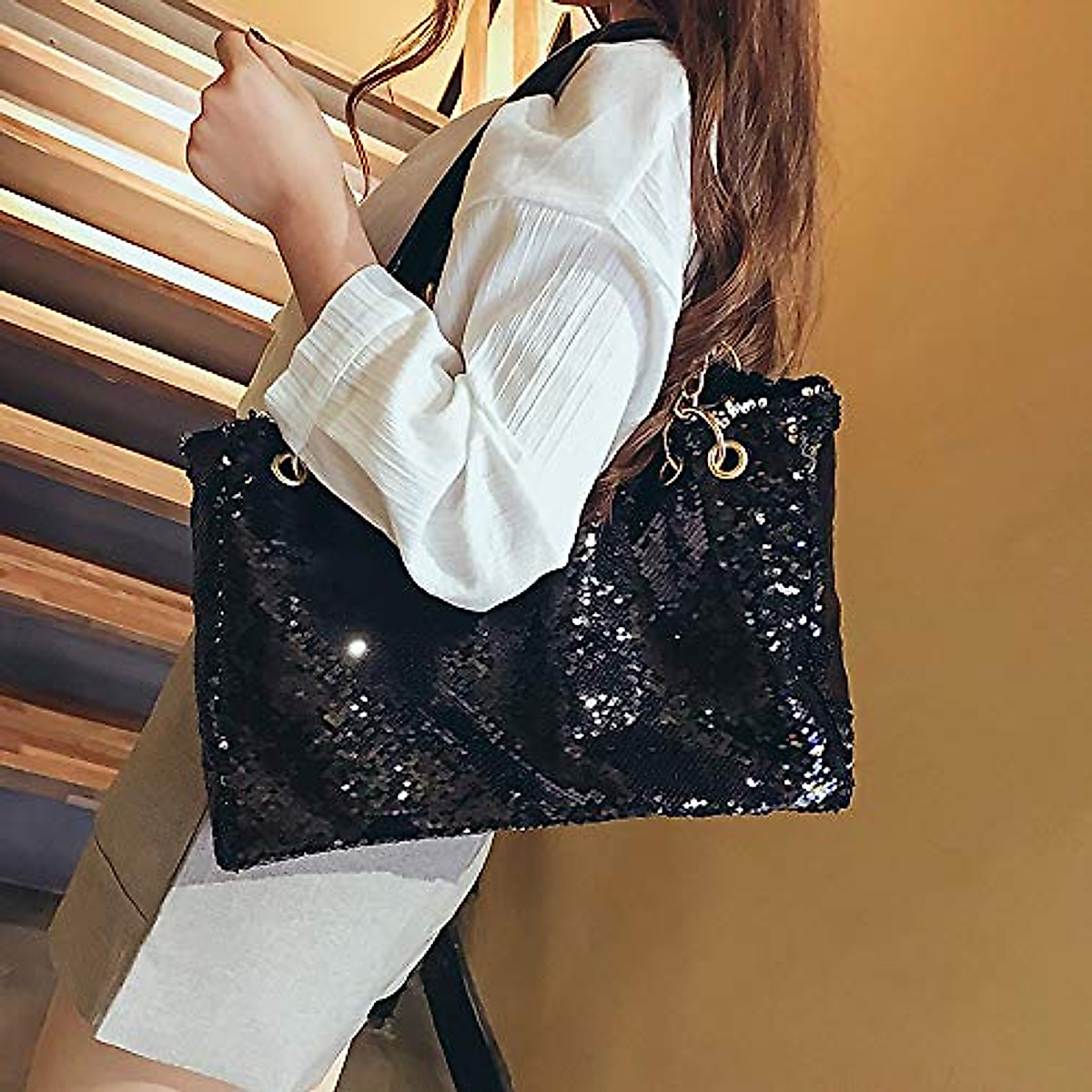QTKJ Fashion Two Tone Reversible Sequin Tote Bag Zipper Shoulder Bag with Chain and Leather Straps (Black)