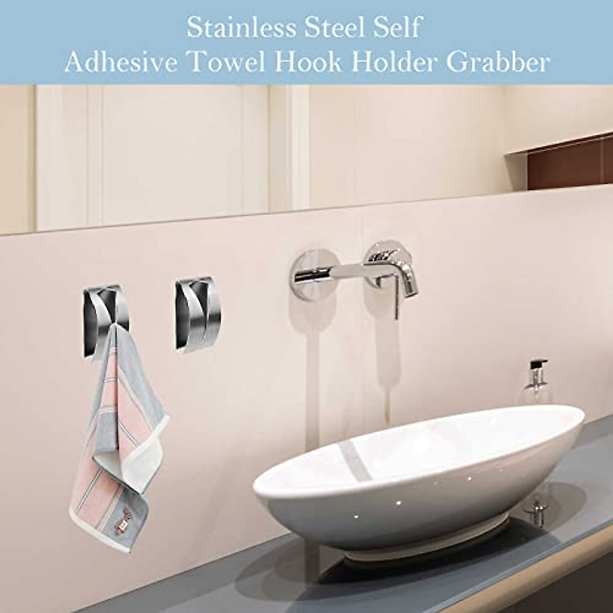 Ohiyoo Self Adhesive Towel Hook Holder Grabber 6 Pack, Stainless Steel Kitchen Dish Towel Hook Rack Wall Mount, Tea Towel Holder No Drilling Towel Hangers for Bathroom Kitchen (6 Pack, Silver)