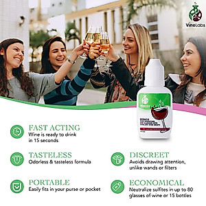 VineLabs Sulfite Removing Wine Drops, Odorless and Tasteless Purifier for Red and White Wines, Natural Headache Reducer, Made in the USA