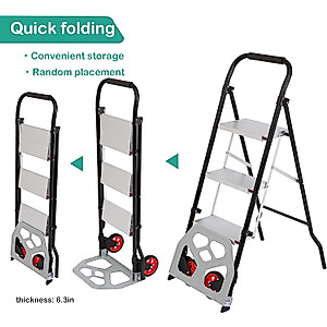 LEADALLWAY 3 Step Ladder Dolly Cart 2-in-1 Portable No-Slip Folding Step Stool