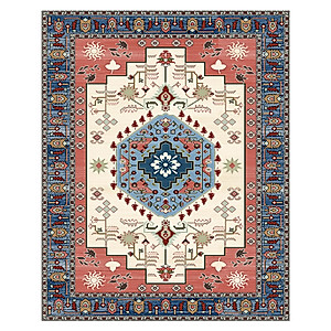 CHOSHOME Washable Rug 8x10 Vintage Boho Medallion Area Rugs with Non-Slip Backing Soft Stain Resistant Non-Shedding Low-Pile Floor Carpet Mat for Living Room Bedroom Kitchen Home Office,Red