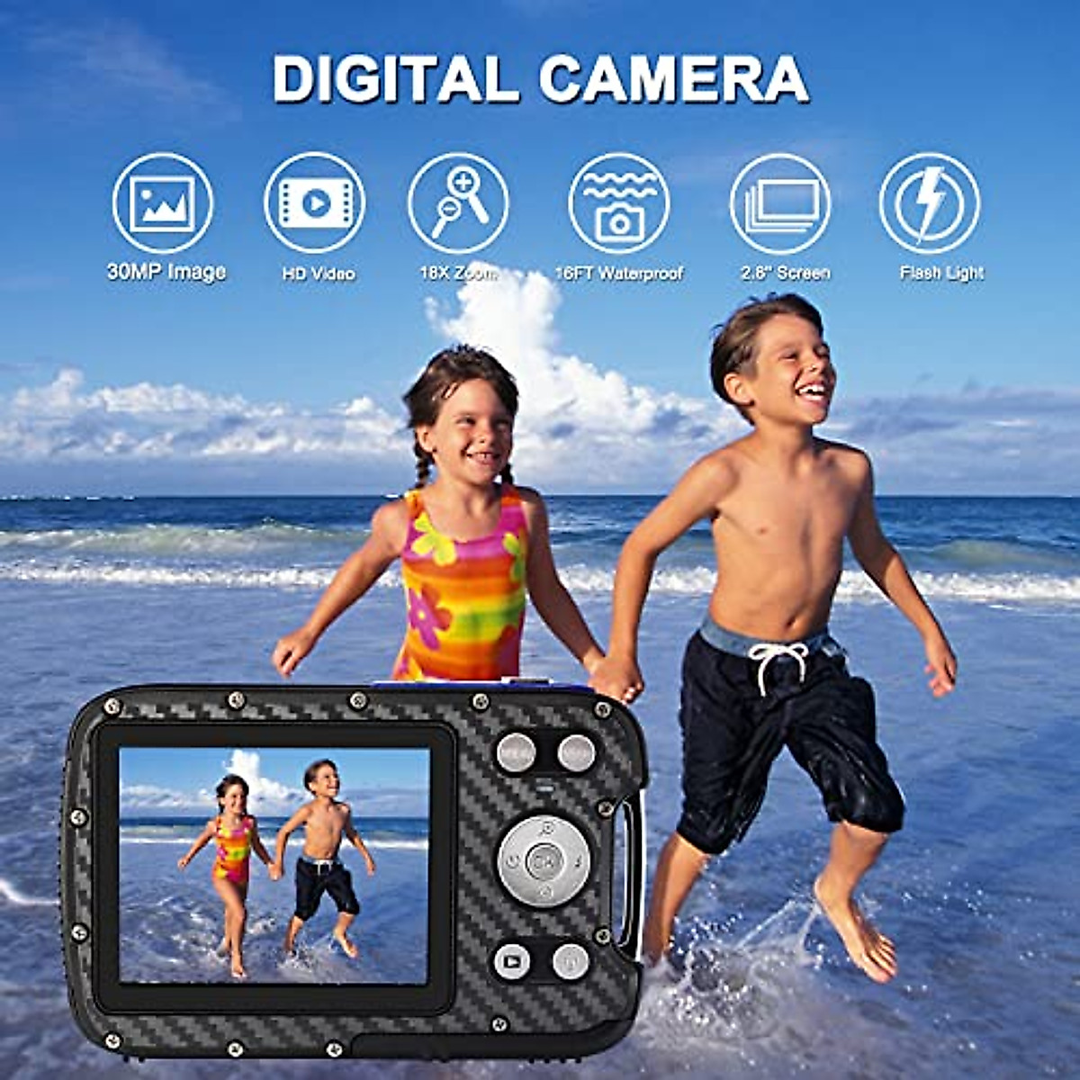 YEEIN 16FT Underwater Camera 30MP Waterproof Digital Camera with 32G Card and Rechargeable Battery, 18X Point and Shoot Camera for Boys Girls Children Teens Snorkeling Swimming Vacation(Blue)