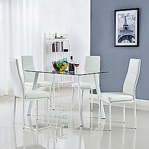 Bonnlo 5 Pieces Dining Table Set,Modern White Dining Room Table Set for 4,Small Kitchen Table and Chairs Set for 4,Glass Dinner Table Set with PU Leather Metal Frame Chairs,Clear&White
