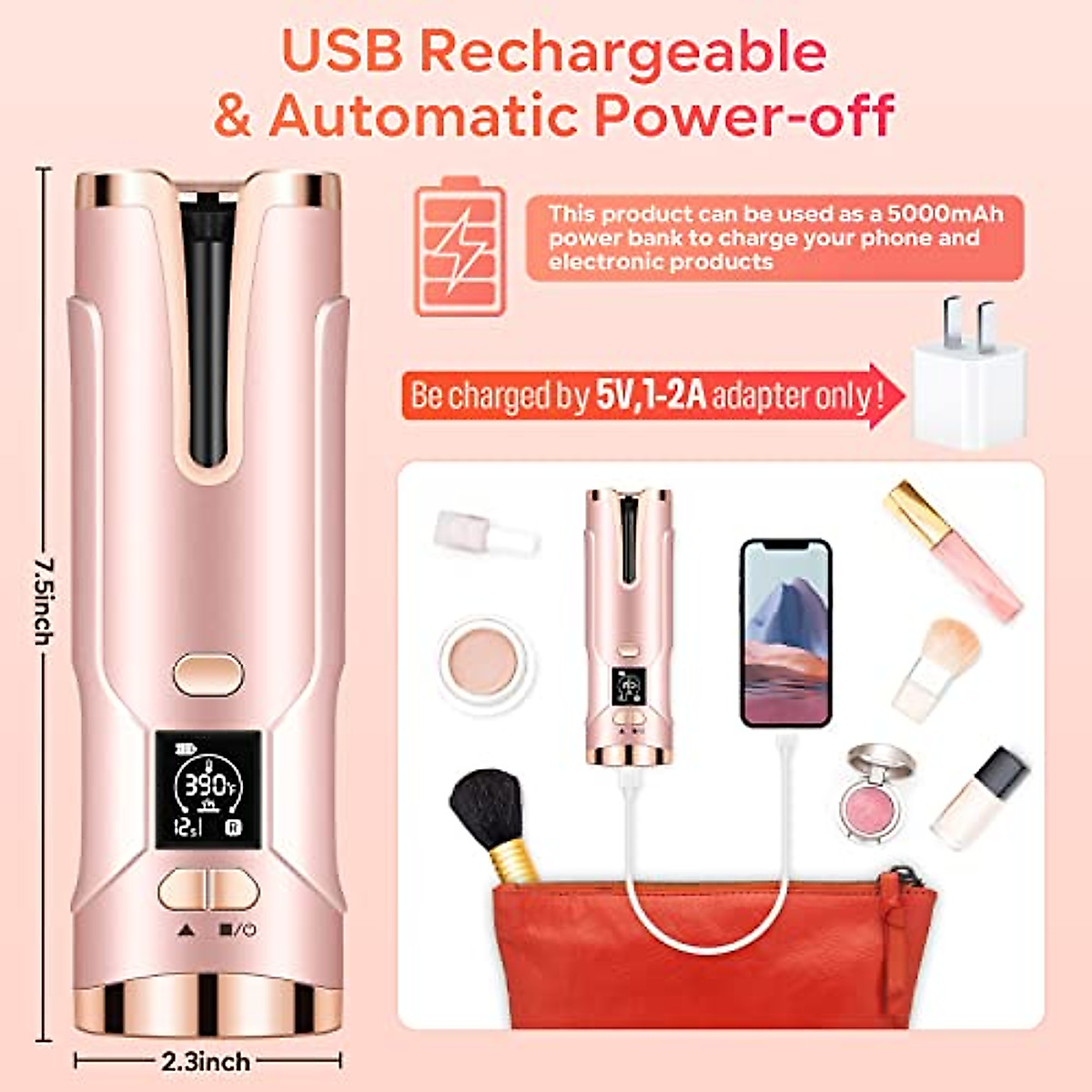 Upgraded Automatic Curling Iron, Cordless Auto Hair Curler with 6 Temps & Timers, Rechargeable & Portable Rotating Curling Wand Styling Tool, Built-in 5000mAh Battery