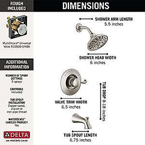 Delta Faucet Esato 14 Series Single-Handle Tub and Shower Trim Kit, Shower Faucet with 5-Spray H2Okinetic Shower Head, SpotShield Brushed Nickel 144897-SP (Valve Included)