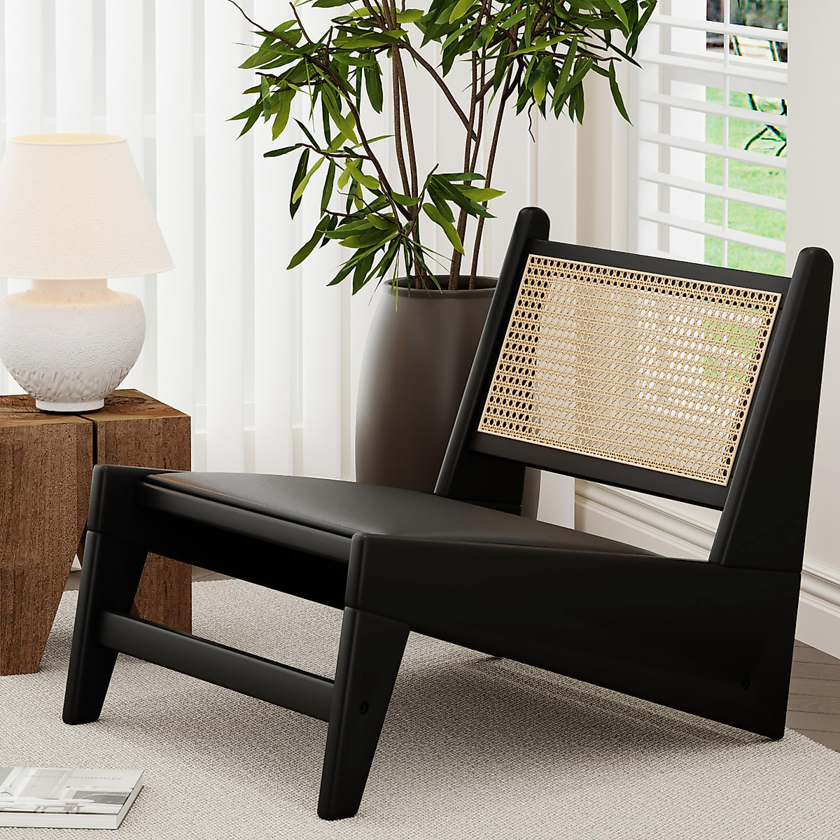 HAOBO Home Rattan Chair Mid Century Modern Accent Chair Armless Reading Side Chair Living Room Chair Boho Chair with Wooden Frame for Home Bedroom