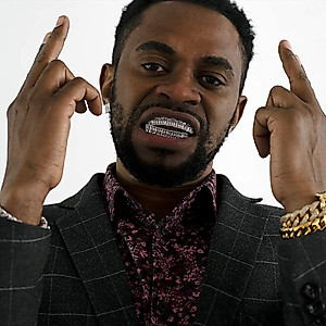 LuReen Gold Teeth Grillz Square Pave CZ 8 Teeth Top Bottom Man Women Grillz Diamonds Grillz+ 2 Extra Molding Bars for Halloween Costume Cosplay