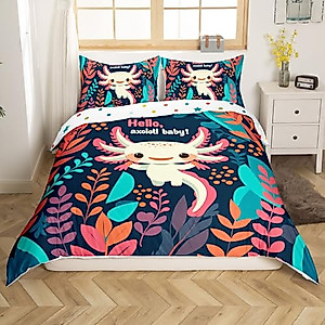 Feelyou Kids Cute Axolotl Comforter Cover Twin Size, Ocean Sealife Duvet Cover Boys Girls Cartoon Salamander Bedding Set for Kawaii Animal Bedspread Cover Soft Quilt Cover 2Pcs (No Comforter)