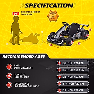 Blitzshark 24V Kids Go Kart 300W Powerful Drift Kart Electric Pedal Kart Outdoor Race Toy, with 2X150W Strong Motor, 7AH Big Battery, Drift/Sports Mode, EVA Tire, Brake Pedal, Length Adjustment, Grey