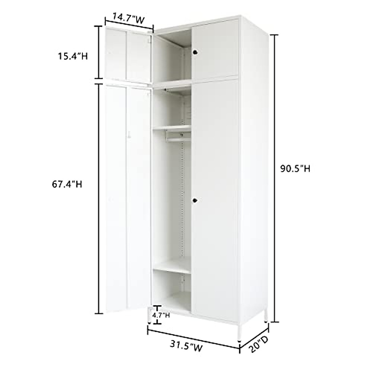 BESFUR Wardrobe Closet, Metal Armoires and Wardrobes with Adjustable Hanging Rod, Top Cabinet, 20" D*31.5" W*90.5" H - White