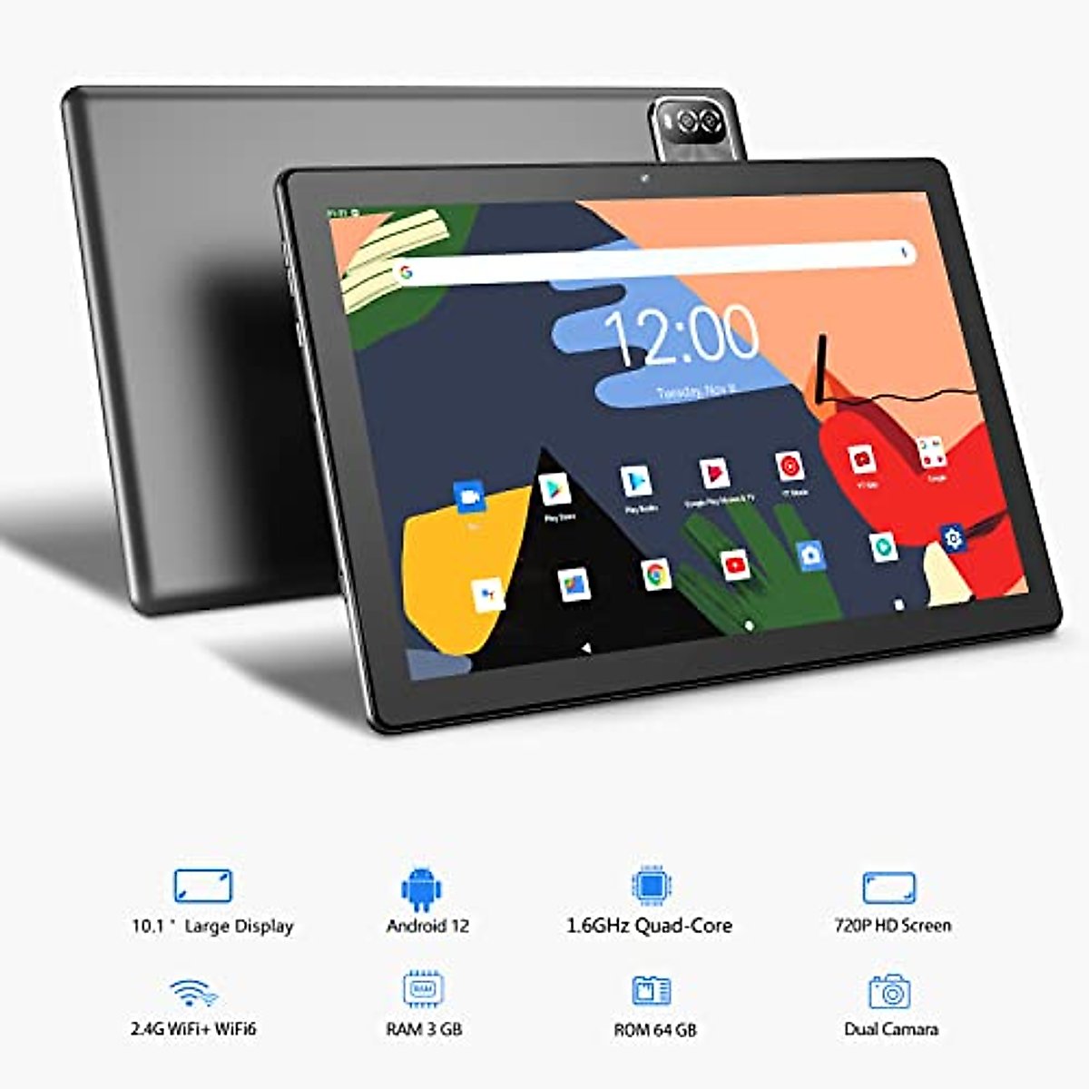 PRITOM M20 10'' Tablet with Case, Android 12 Tabletas, 3G RAM, 64 GB ROM, 512 GB Expandable, Quad-Core 1.6GHz Processor, 6000mAh, HD IPS Touchscreen, Dual Camera, WiFi 6, Bluetooth, FM, USB C
