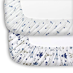 The Peanutshell Fitted Crib Sheet Set for Baby Boys or Girls | Unisex 2 Pack in Rocketships & Shooting Stars | Fits Standard Crib Mattresses