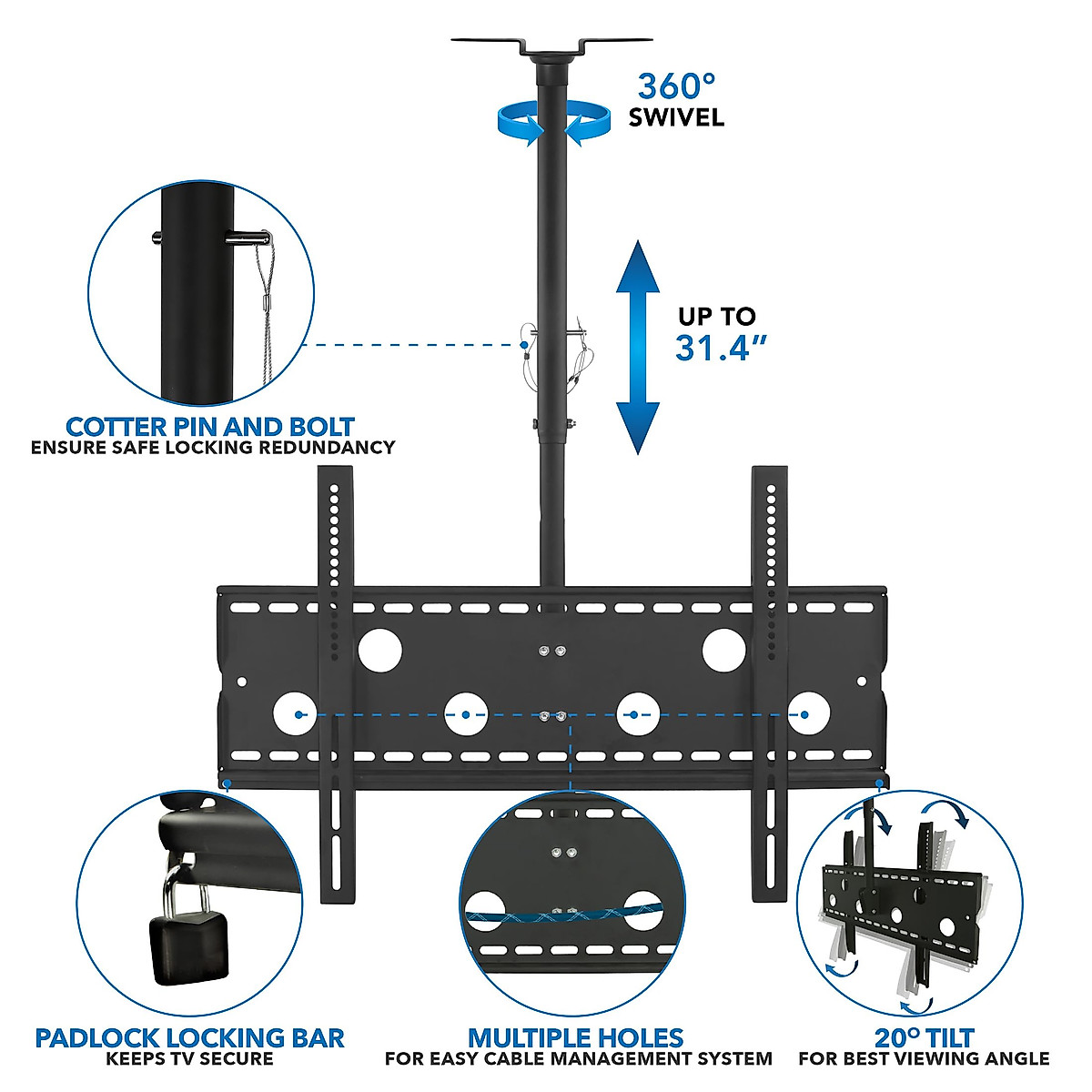 Mount-It Ceiling TV Mount For 32 37 40 42 43 50 55 60 65 70 Inch Flat Panel Televisions, Articulating Hanging Swivel TV Pole Bracket Adjustable Height 175 Pound Capacity, Black (MI-501B), Single