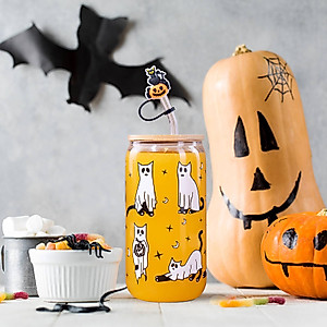 Halloween's Gift,Set Of 2 16 Oz Halloween Cups|Halloween Tumbler|Halloween Mug, Cat Themed Glass Cups With Lids And Straws, Coffee Cups, Fall Gifts For Women,Unique Halloween Ideas For Cat Lovers
