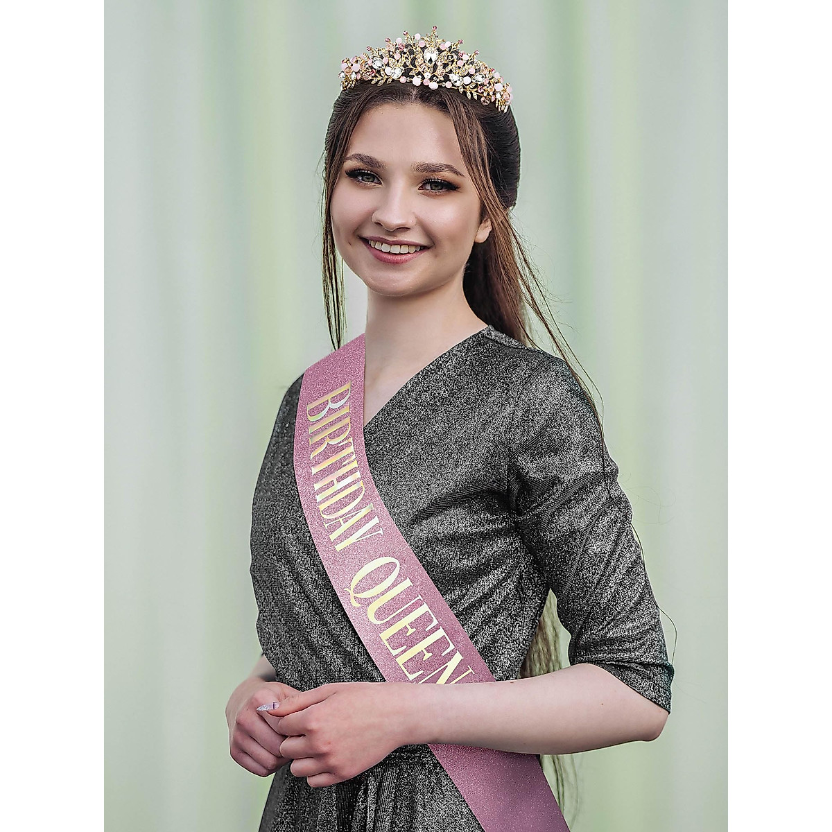 SWEETV Birthday Crowns for Women Pink Birthday Queen Sash and Tiara Set Rhinestone Princess Headband for Birth Day Party Photograph