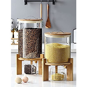 Glass Rice Dispenser Countertop, 5L/8L Flour Cereal Grain Dispenser Container with Wooden Stand and Measuring Cup, Rice Food Storage Container Dispenser for Kitchen and Pantry Store with Airtight Lid