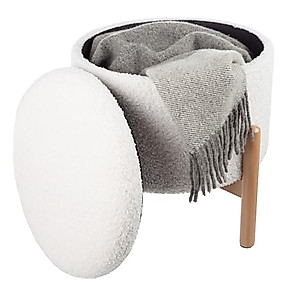 Lavish Home Storage Ottoman - Round Sherpa Footrest or Storage Organizer with Removable Top for Living Room, Dorm, or Apartment (White)