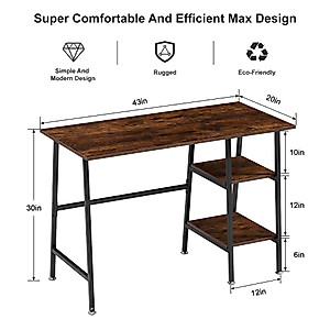 VECELO 43 Inch Computer Desk Writing Study Work Office Table Modern Desk with Shelves Wooden Desk for Home Bedroom,Walnut Desk