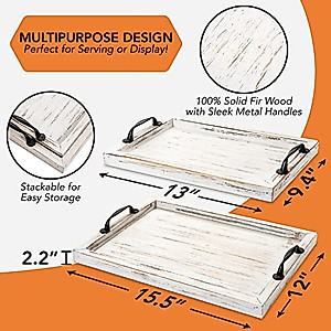 Gennua Kitchen Rustic Wooden Serving Tray Set with Metal Handles | 2 Nesting Decorative Trays for Coffee Table, Ottoman, Countertop & More with Distressed White Finish to Complement Any Decor