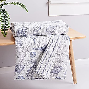 Levtex Home - Tahiti - Quilted Throw - 50x60in. - Coastal - Blue, Grey and White - Reversible Pattern - Cotton Fabric