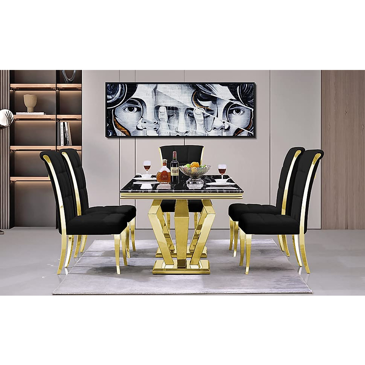 ACEDÉCOR Dining Chairs,Upholstered High end Velvet Dining Room Chair with Metal Back Ring Pull Trim Golden Legs, Modern Elegant Dining Chair for Living Room, Meeting Room, Kitchen (Black, Set of 6)