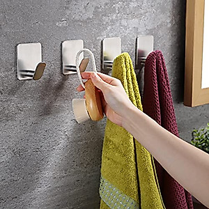 DELITON Adhesive Towel Hooks on Wall: Robe Hooks for Hanging Clothes Hats Stick on Bathroom/Kitchen SUS 304 Stainless Steel Silver