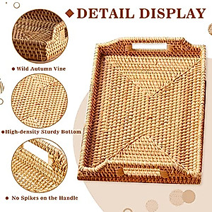 Rectangular Rattan Serving Tray with Handles, Handwoven Wicker Decorative Display Serving Platters for Coffee, Breakfast, Drinks, Snack Multi-Purpose Dining Table Desktop Organiser Tray(S)