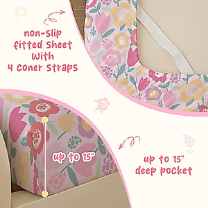 Bedmoon Girls Twin Sheets, Kids Pink Floral Bed Sheet Set with Non-Slip Fitted Sheet, Girls Soft Flower Microfiber Twin Sheets & Pillowcases